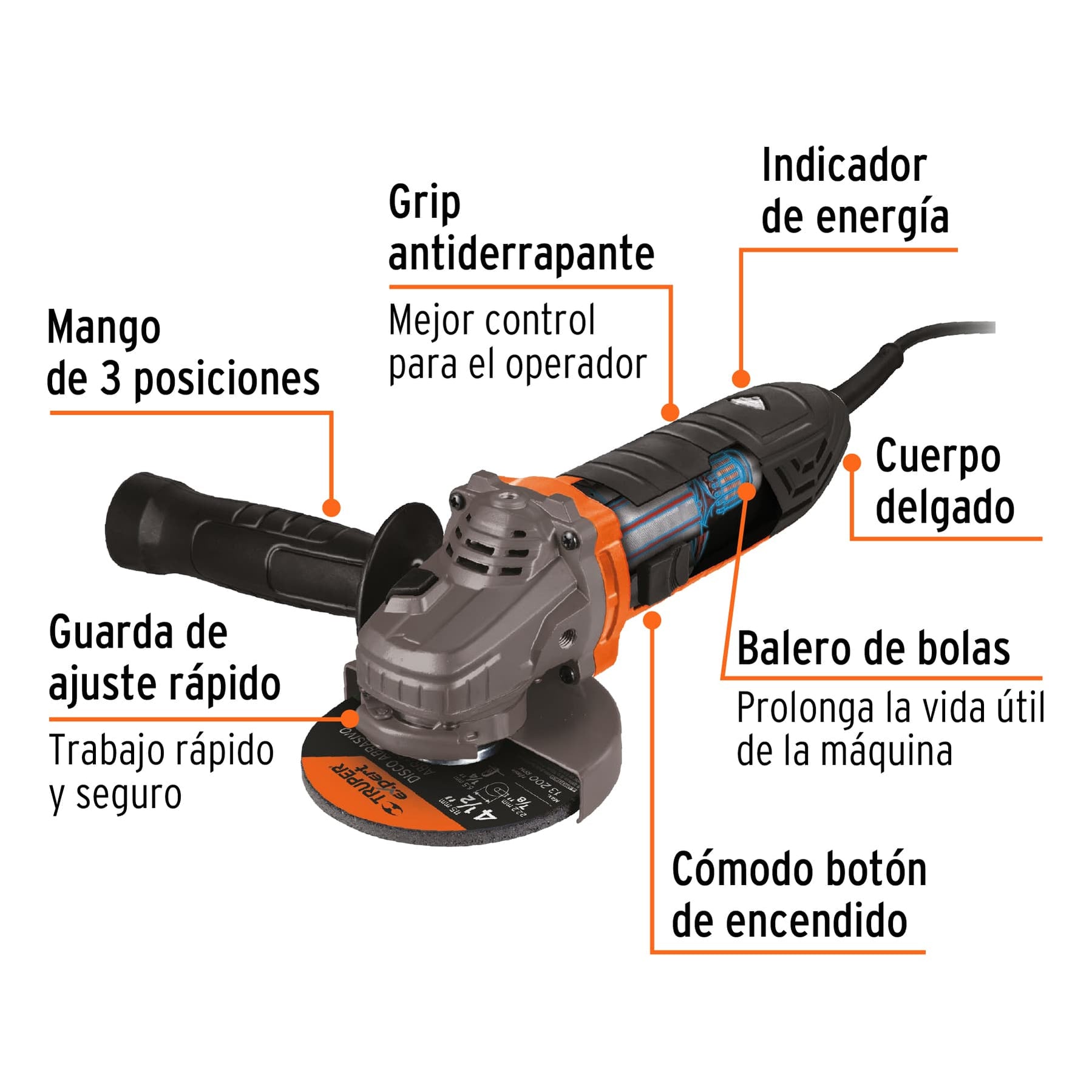 Esmeriladora angular 4-1/2' 1100 W, ERGO PRO, Truper 100901 ERGO-45110 ...